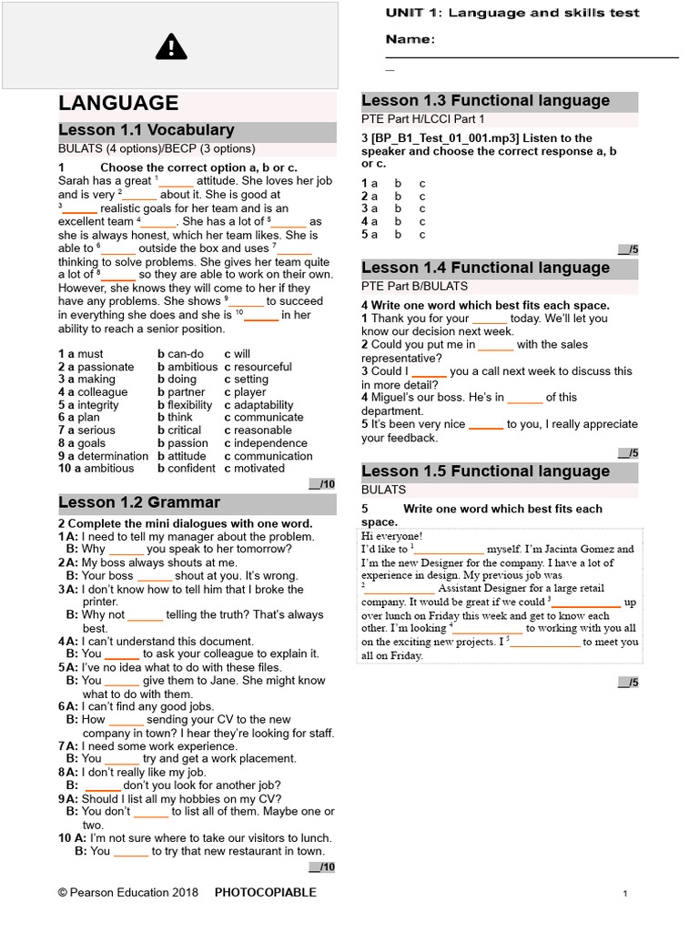 BP_B1_Tests_Unit1.doc | PDF | Learning | Human Communication