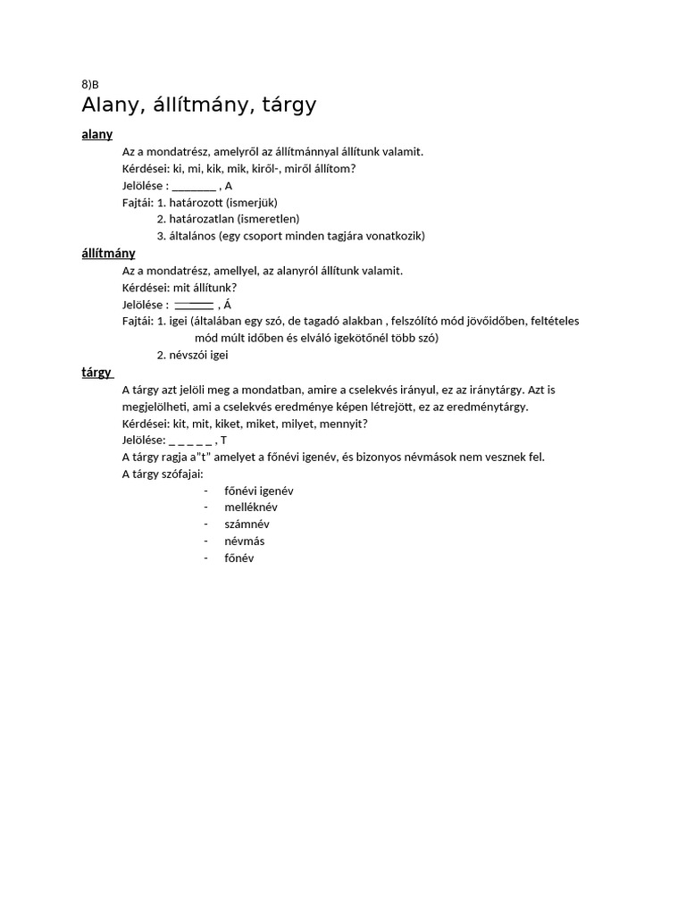 Alany, Állítmány, Tárgy | PDF