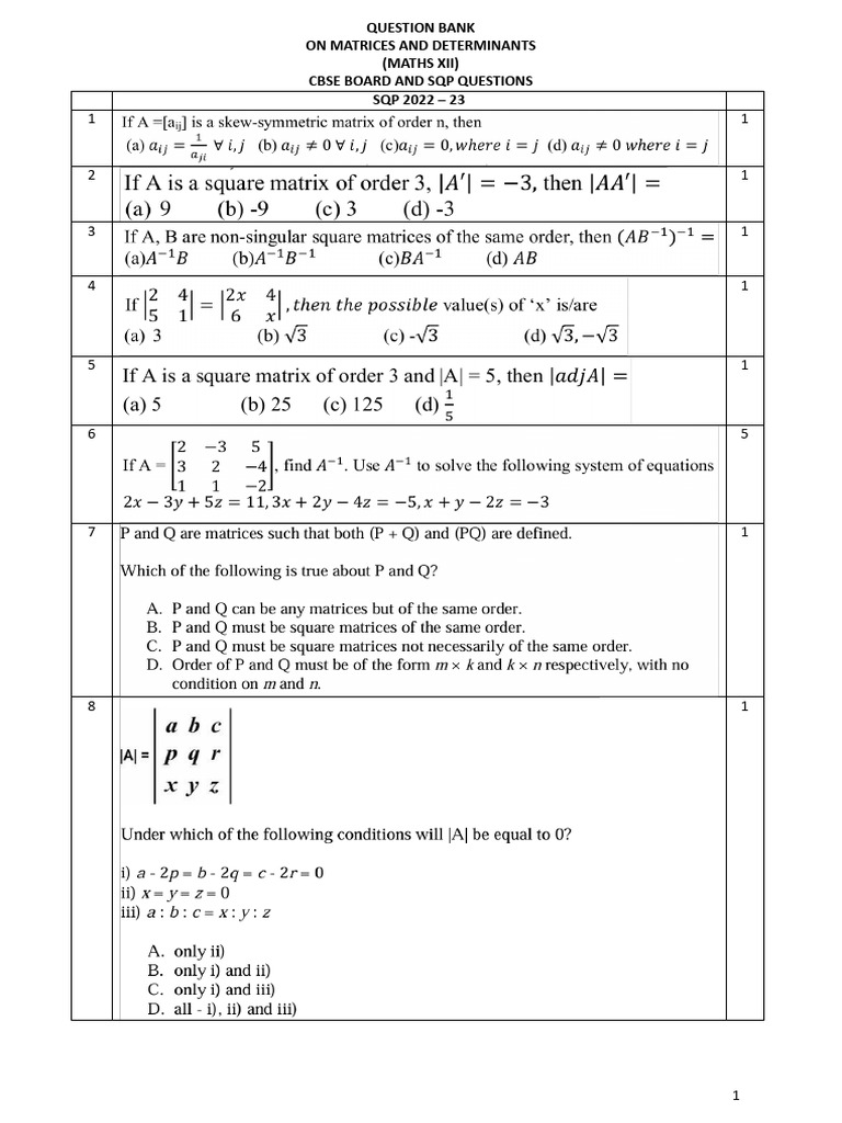 CBSE Maths XII: Matrices & Determinants Questions | PDF | Determinant ...