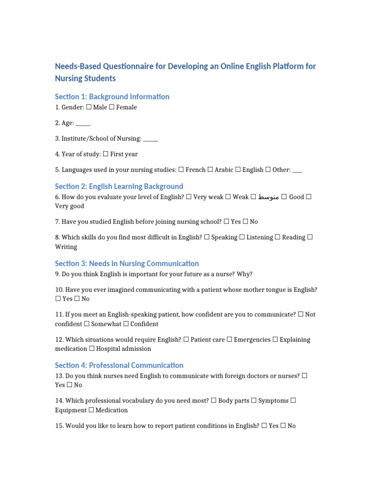Final Nursing English Needs Questionnaire | PDF