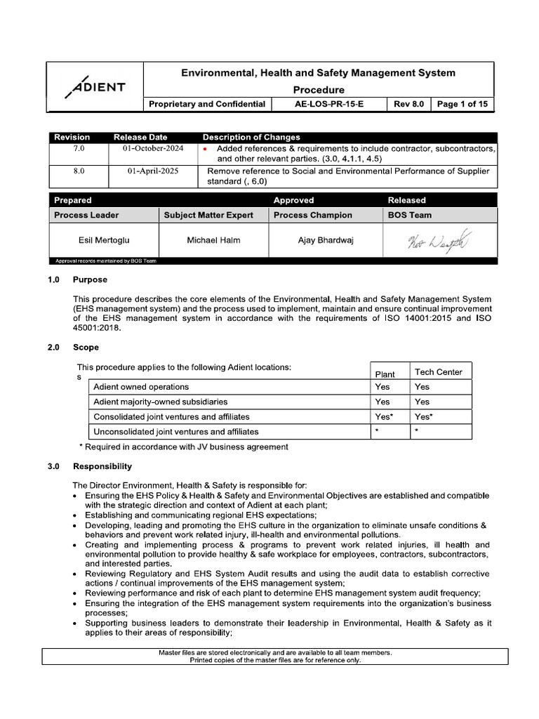 Environmental, Health and Safety Management System | PDF