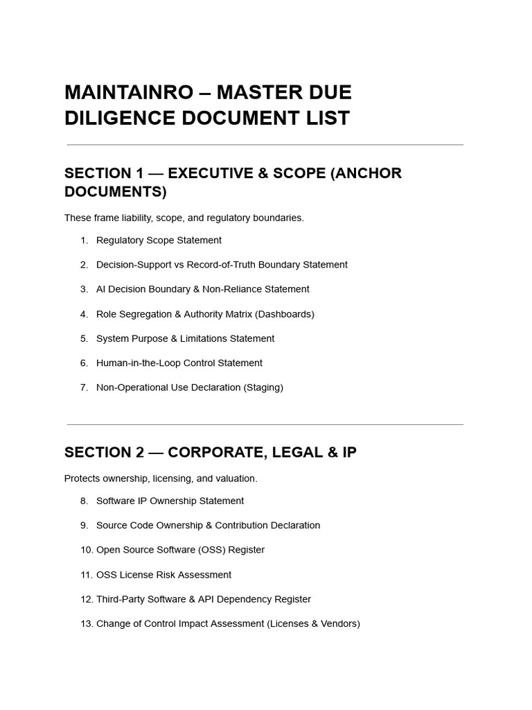 Maintainro – Master Due Diligence Document List | PDF | Audit | Computing