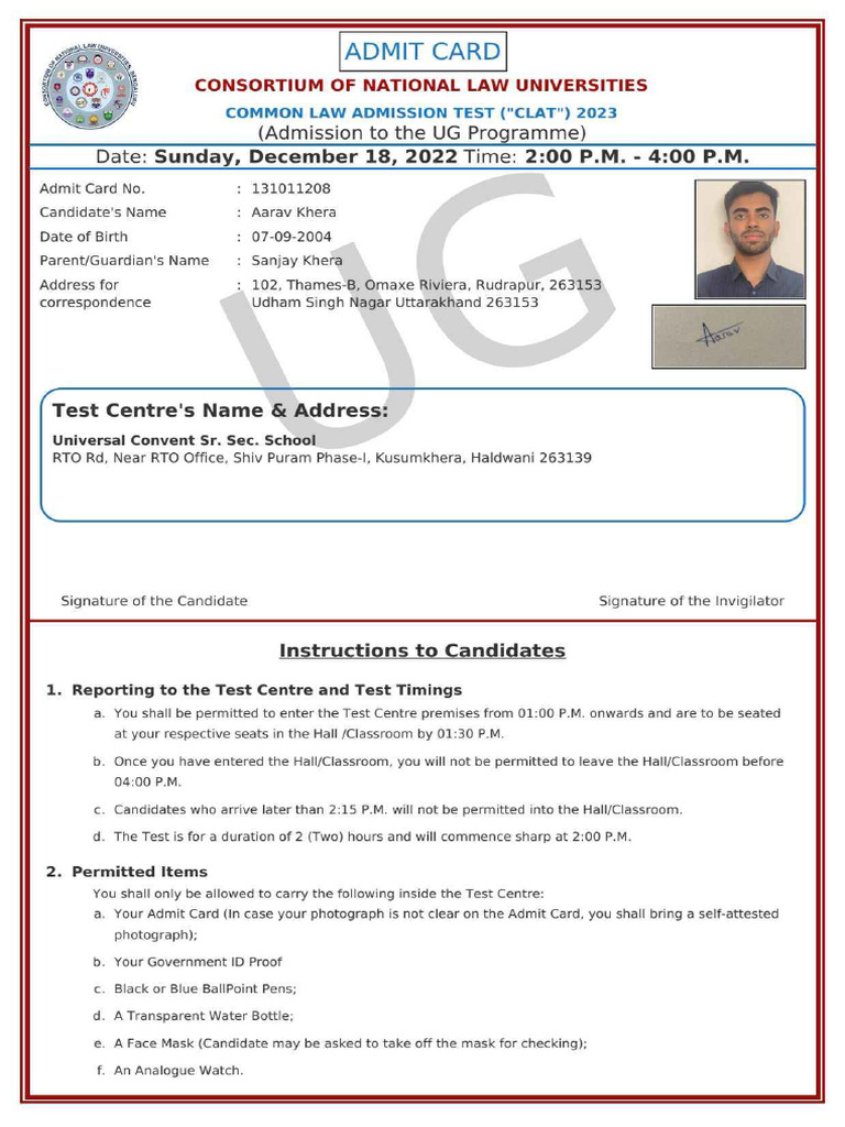 Admit Card Clat | PDF