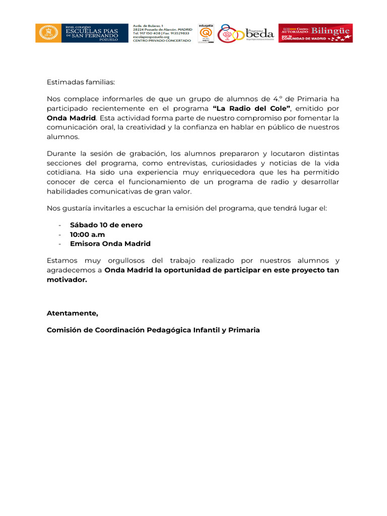 Circular - La Radio Del Cole - Emisora Onda Madrid | PDF