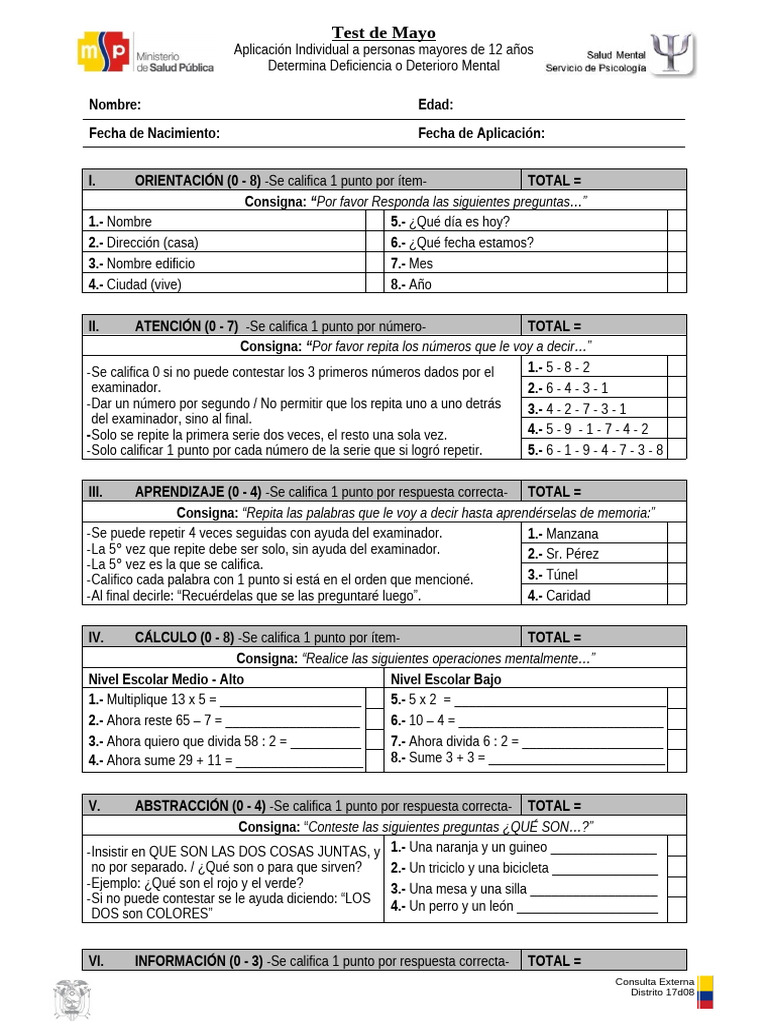 Test de Mayo: Evaluación Mental Integral | PDF | Sicología | Cognición