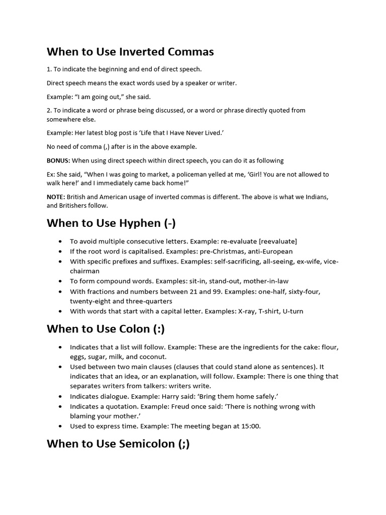 Punctuation Usage Guide: Quotes, Hyphens, Colons, Semicolons | PDF ...