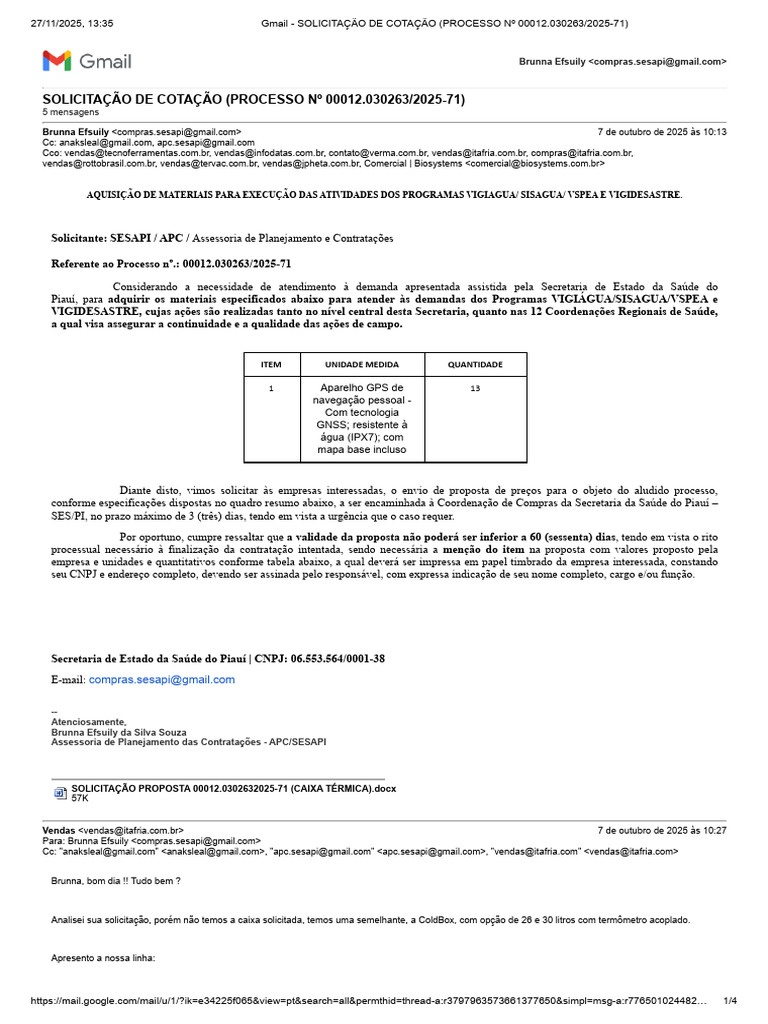 Gmail - Solicitação de Cotação (Processo Nº 00012.030263_2025-71) | PDF ...