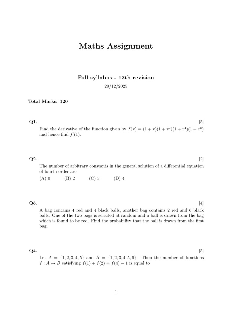 12th Grade Maths Assignment Questions | PDF | Algebra | Differential ...