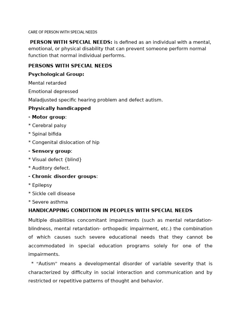 Care of Person With Special Need-1-1 | PDF | Intellectual Disability ...