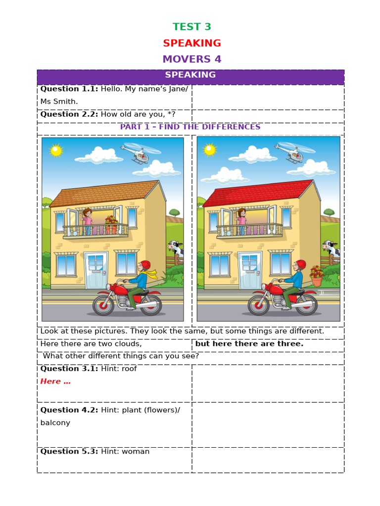 Test 3 - Speaking - Movers 4 | PDF