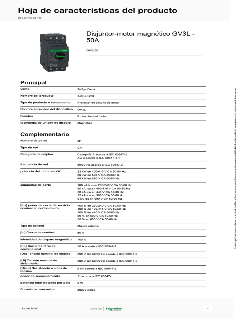 Schneider Electric TeSys GV3 TeSys Deca Power Talla 3 GV3L50 | PDF ...