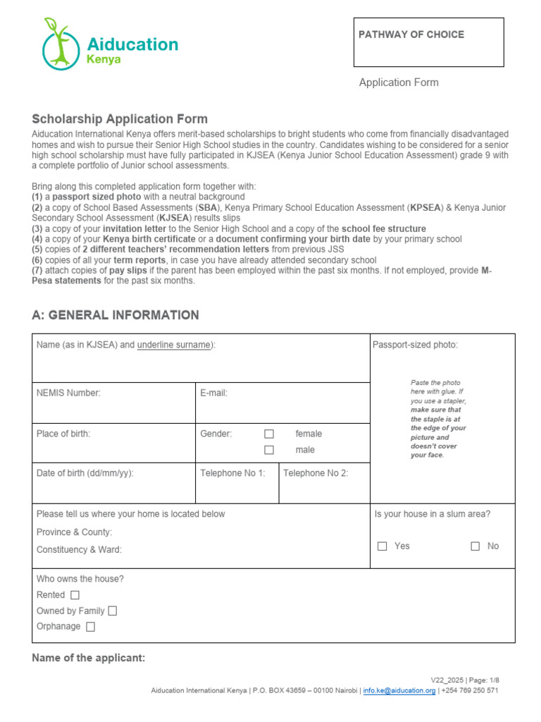Aiducation Kenya Scholarship Application Form | PDF