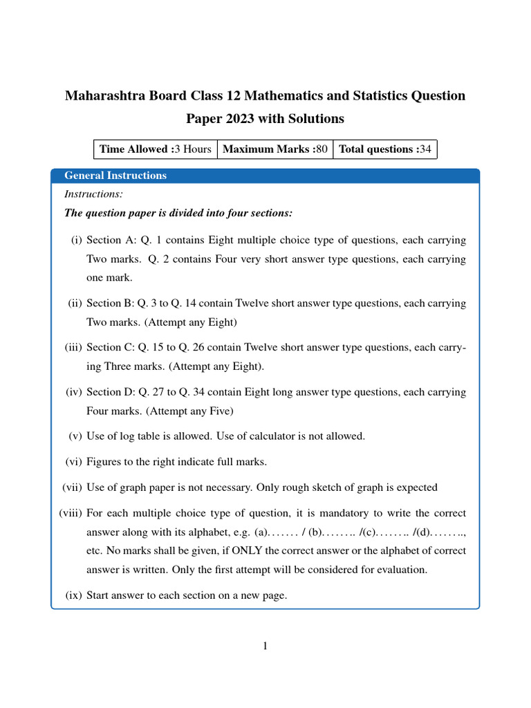 Maharashtra Class 12 Math Question Paper 2023 | PDF | Trigonometric ...