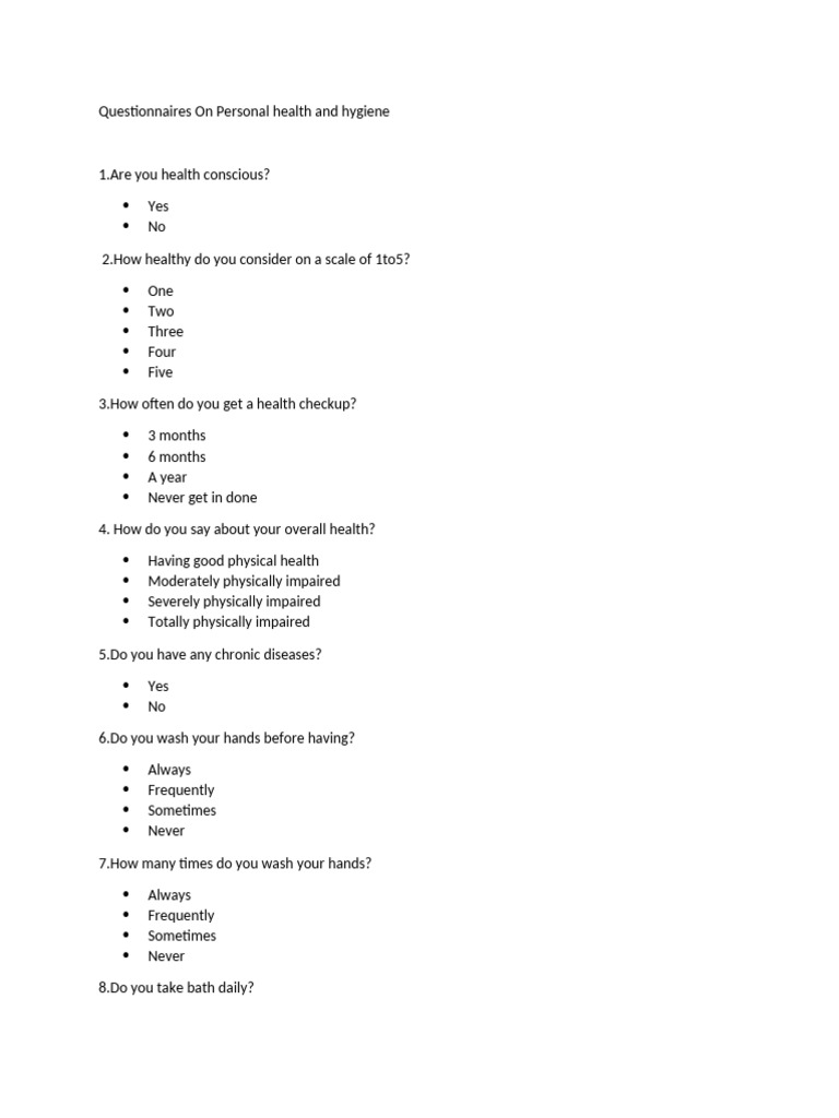 Personal Health and Hygiene Questionnaire | PDF