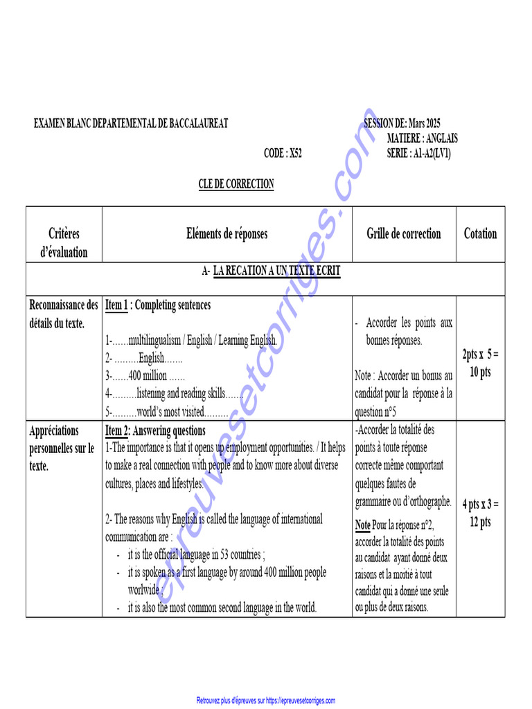 Correction Examen Anglais Bac 2025 | PDF | Linguistique | Communication ...