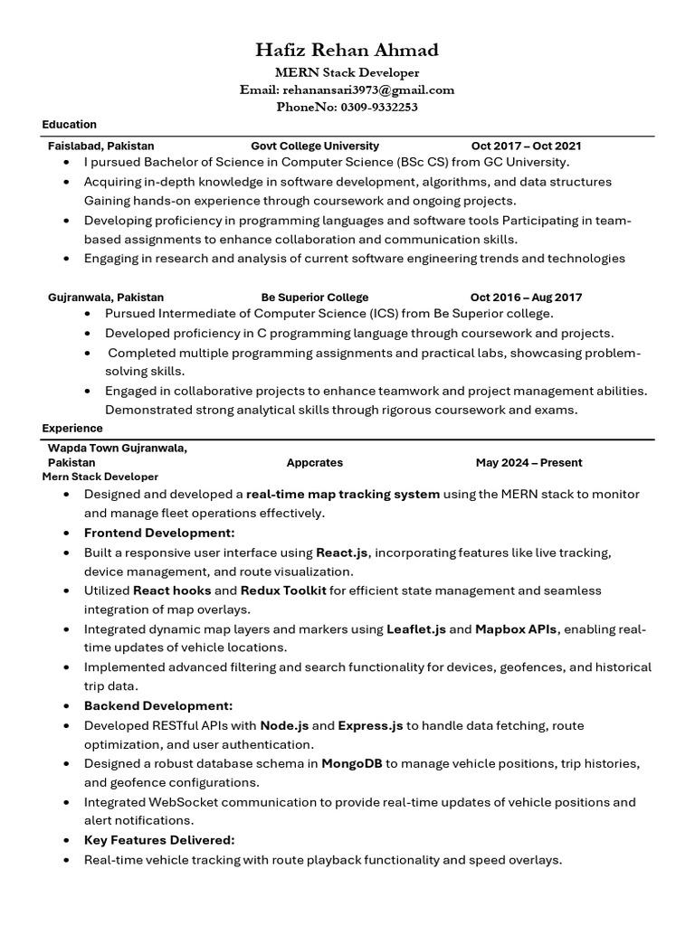 MERN Stack Developer Resume Overview | PDF | Databases | Software ...