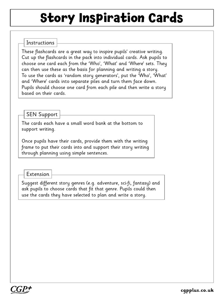 Story Planning Cards Who, What, Where SEN (Years 3-4) Black & White | PDF