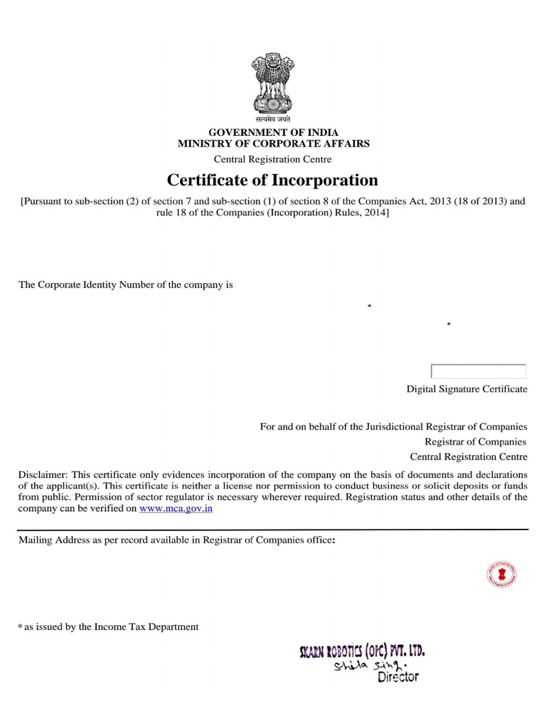 Certificate of Incorporation | PDF