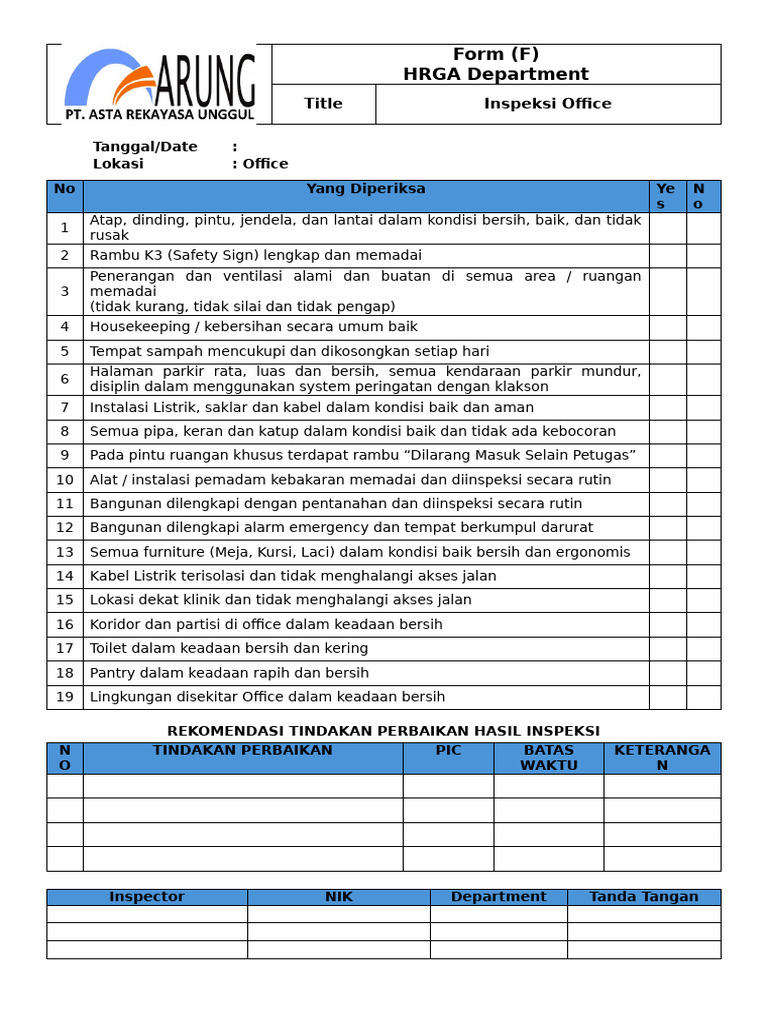 Inspeksi Kesehatan Kantor HRGA | PDF