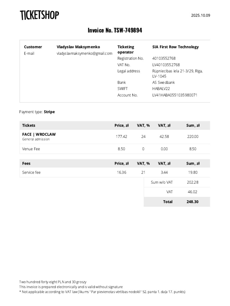 Invoice TSW-749894 for Ticket Purchase | PDF