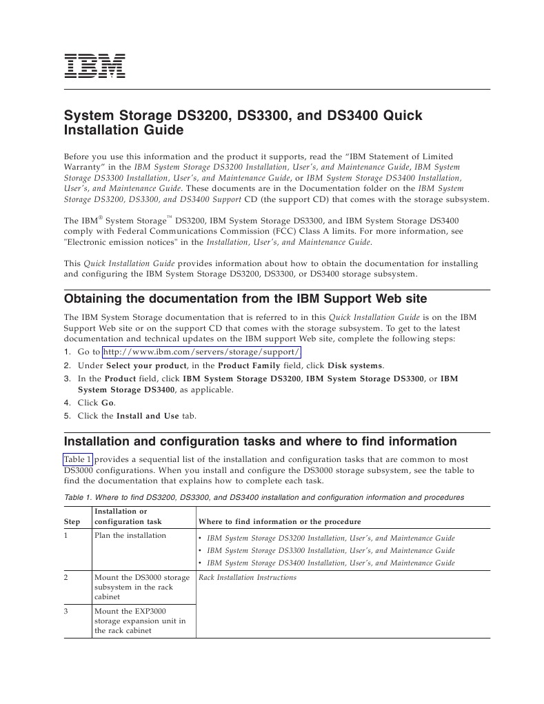 Quick Installation Guide - IBM System Storage DS3200, DS3300, and DS3400 | PDF | Installation ...