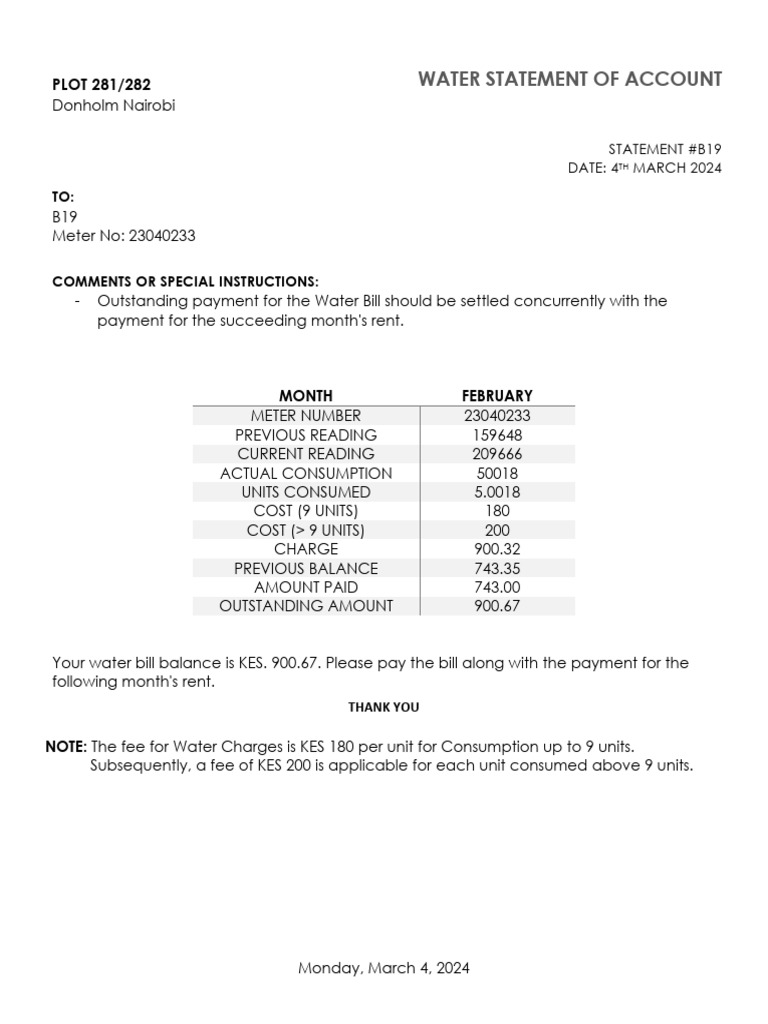 Donholm Nairobi Water Bill Statement | PDF