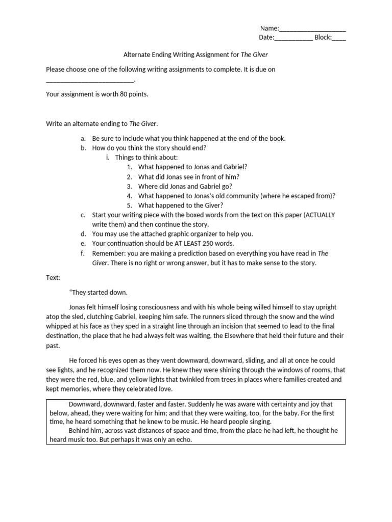 Alternate Ending Writing Assignment For The Giver | PDF | The Giver
