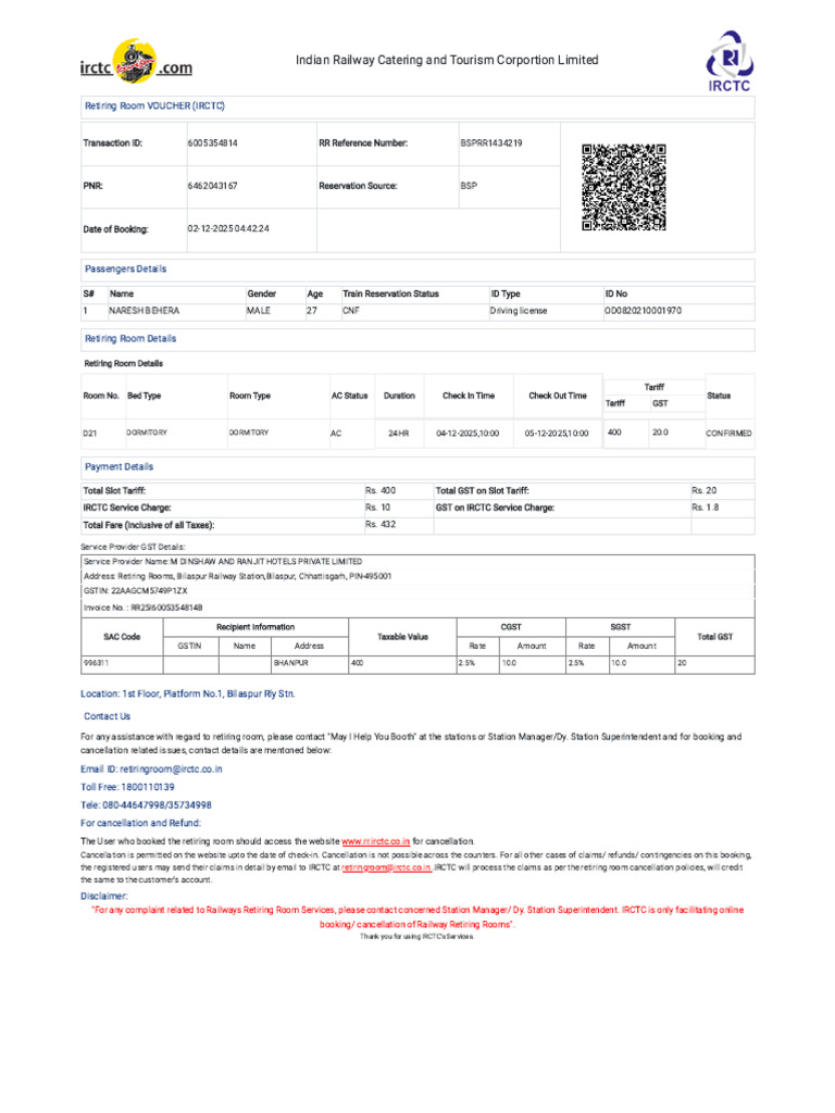 IRCTC Retiring Room Booking Details | PDF | Taxes | Government Finances