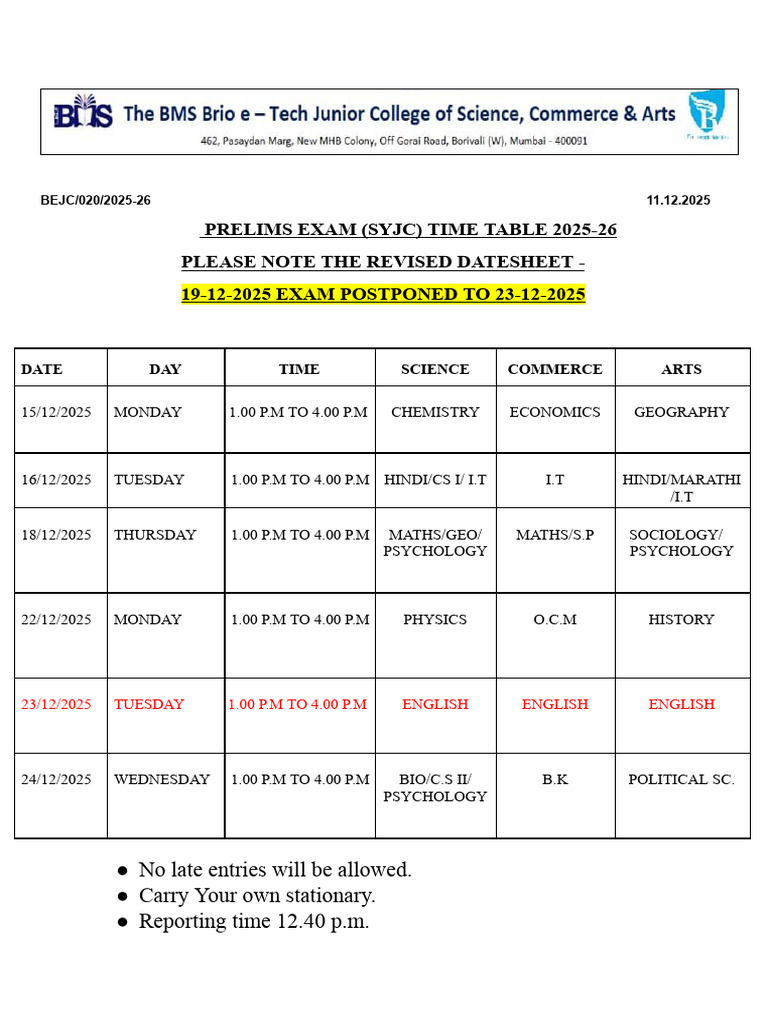 SYJC Prelims Exam Timetable 2025-26 | PDF