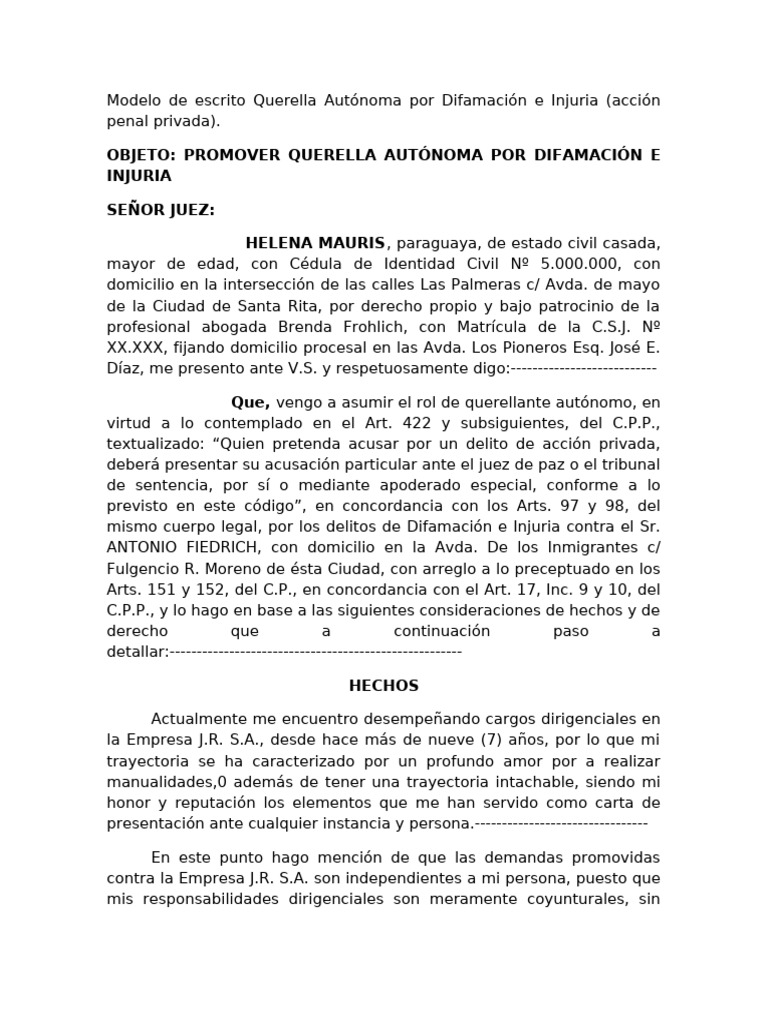 Querella por Difamación e Injuria | PDF | Queja | Ley común
