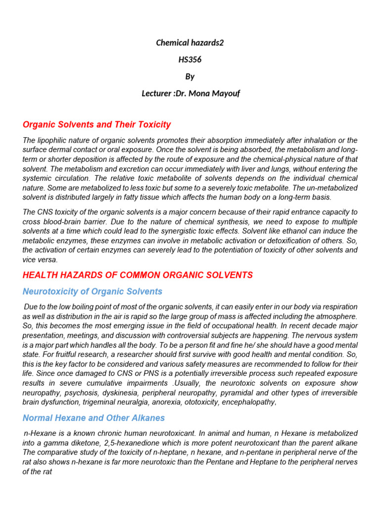 Toxicity of Organic Solvents Explained | PDF | Chloroform | Benzene
