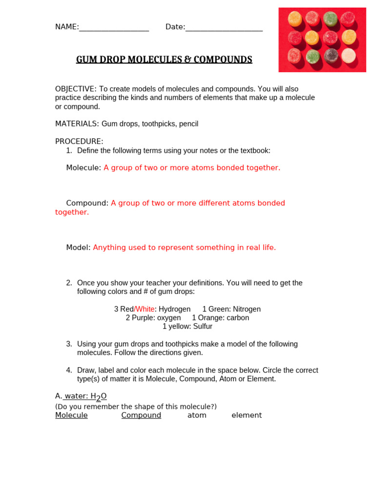 Gum Drop Molecules & Compounds: NAME: - Date | PDF