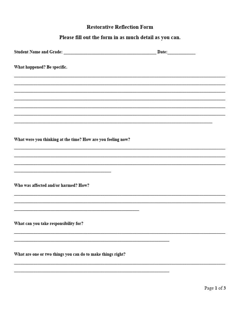 Restorative Reflection Form 1 | PDF | Learning