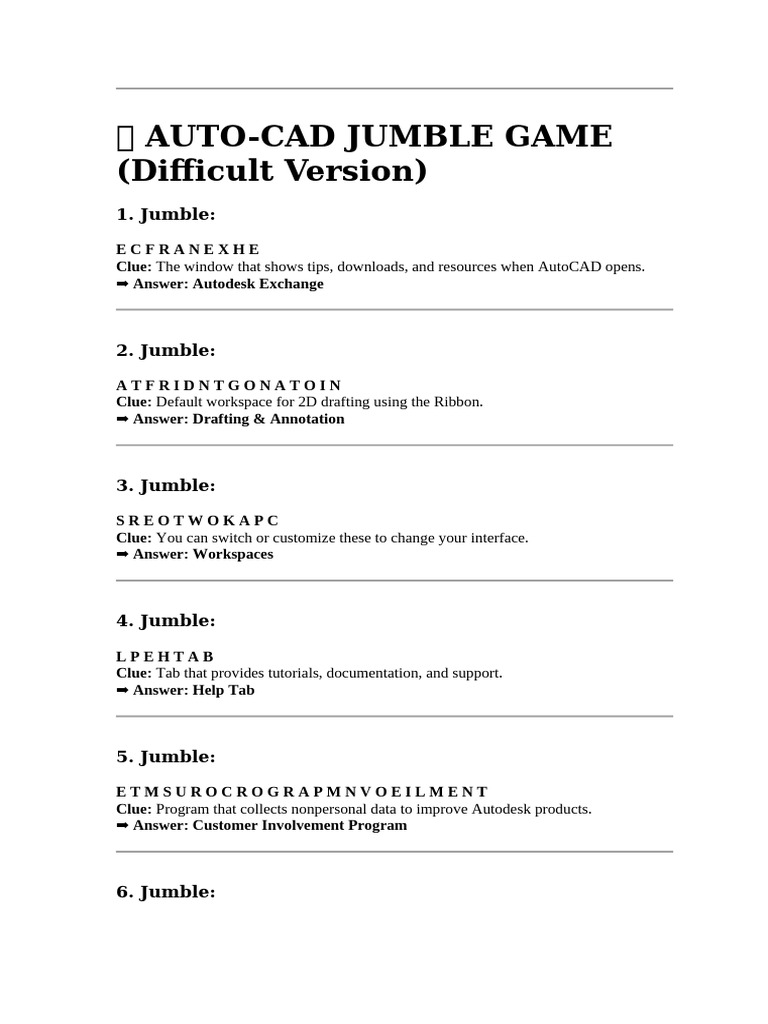 AutoCAD Jumble Game: Difficult Version | PDF