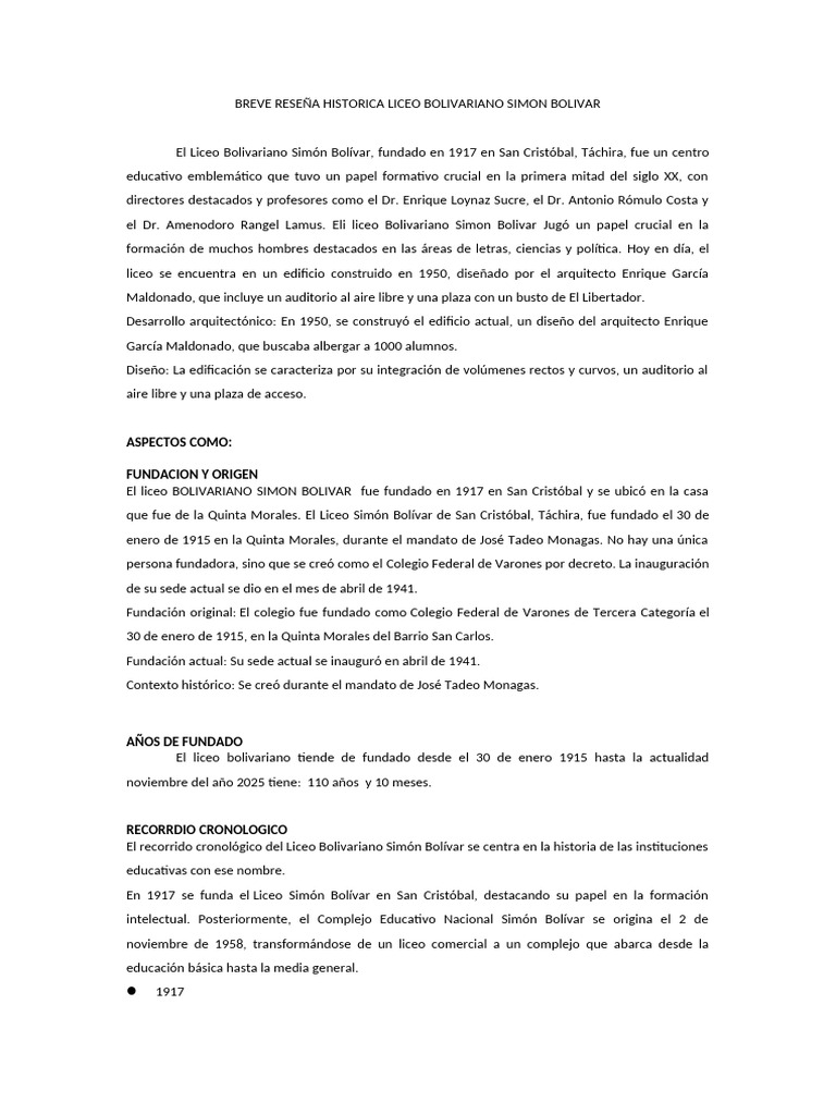 Breve Reseña Historica Liceo Bolivariano Simon Bol | PDF
