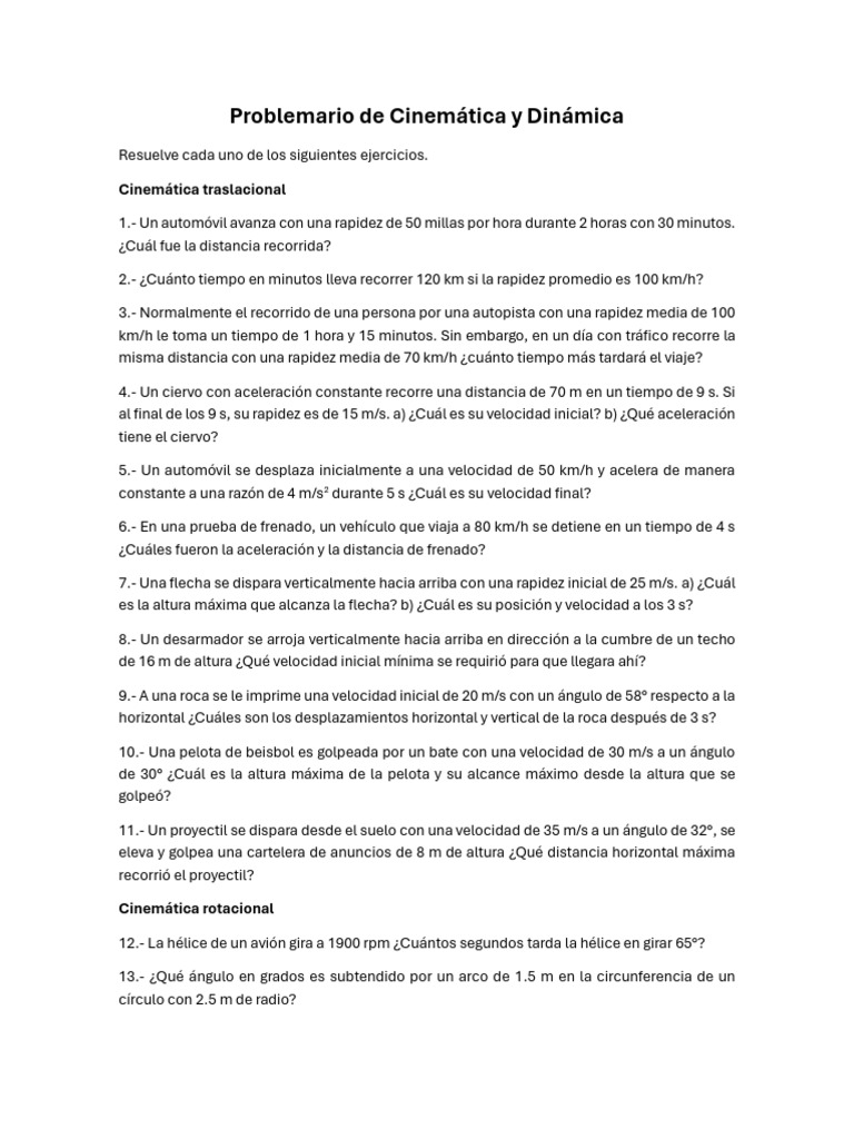 Ejercicios de Cinemática y Dinámica | PDF | Fricción | Cinemática