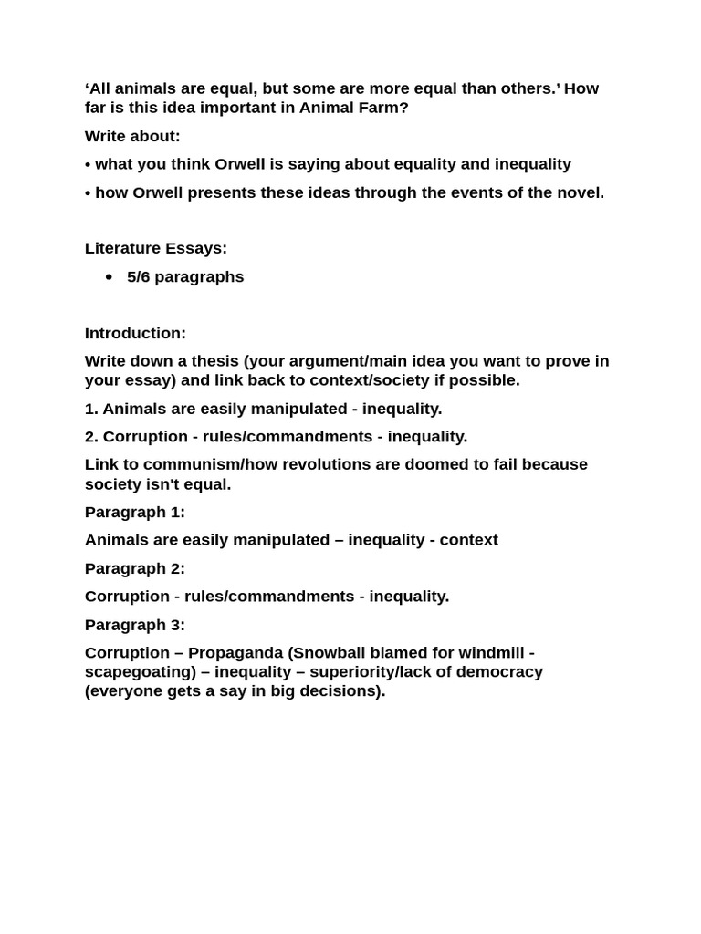 Animal Farm All Animals Are Equal Essay Plan | PDF