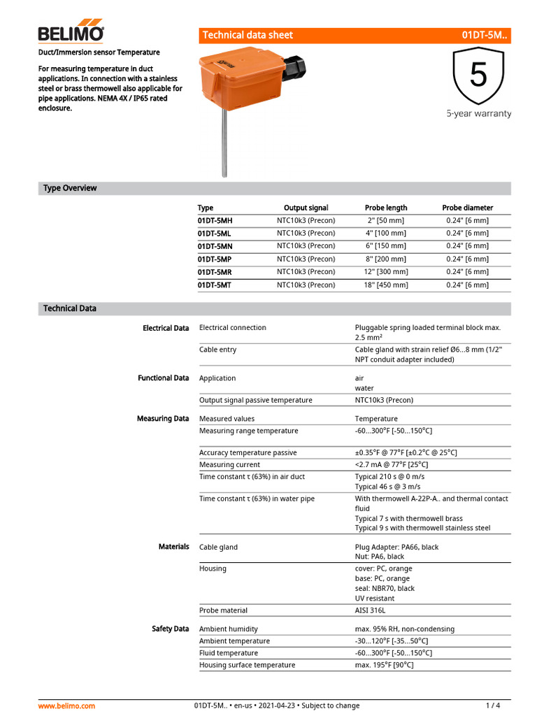 Duct Temperature Sensor Data Sheet | PDF | Electrical Engineering