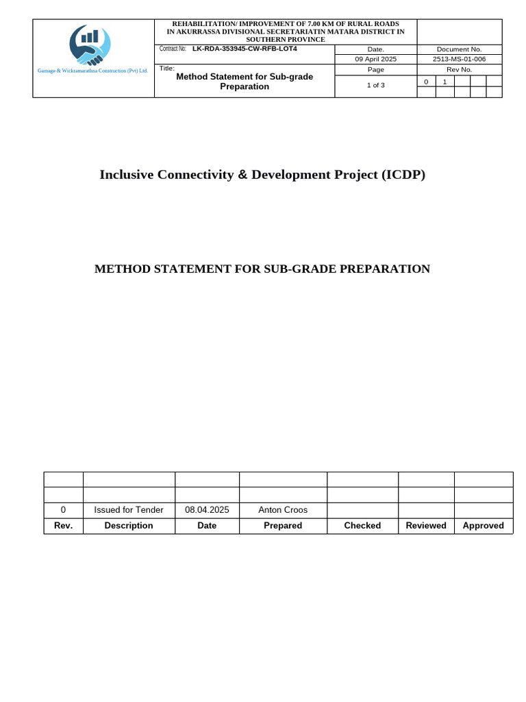 Sub-Grade Preparation Method Statement | PDF | Road
