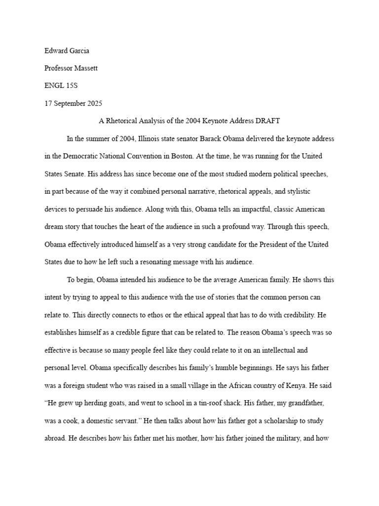 Rhetorical Analysis of Obama's 2004 Speech | PDF