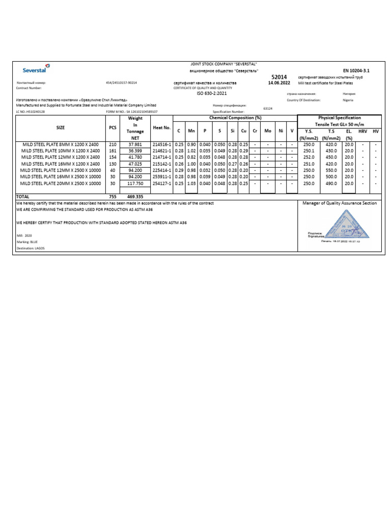 Mill Test Certificate for Steel Plates | PDF | Transition Metals ...