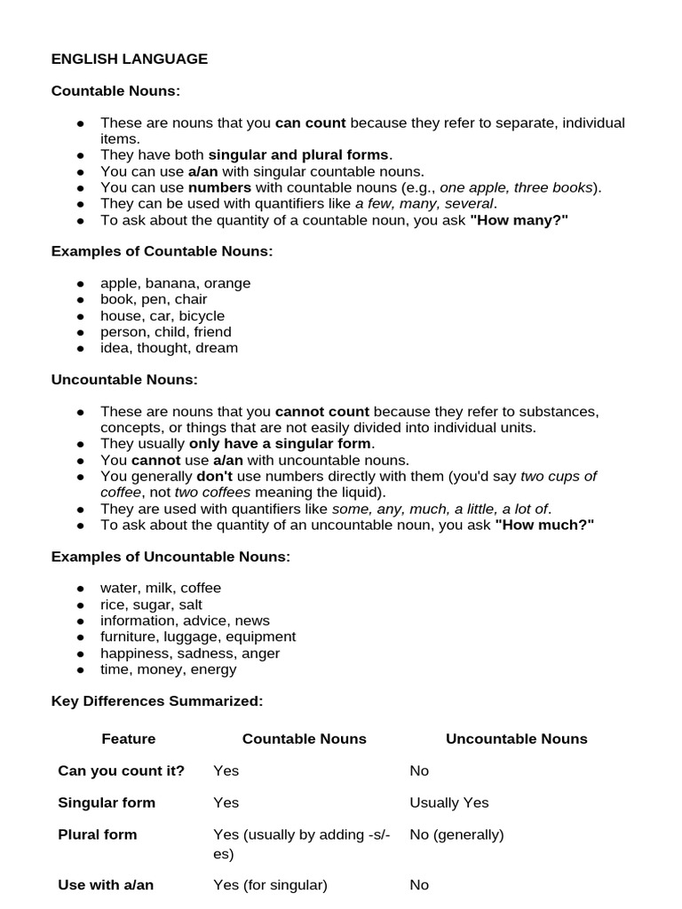 Countable vs Uncountable Nouns Guide | PDF | Noun | Quantity