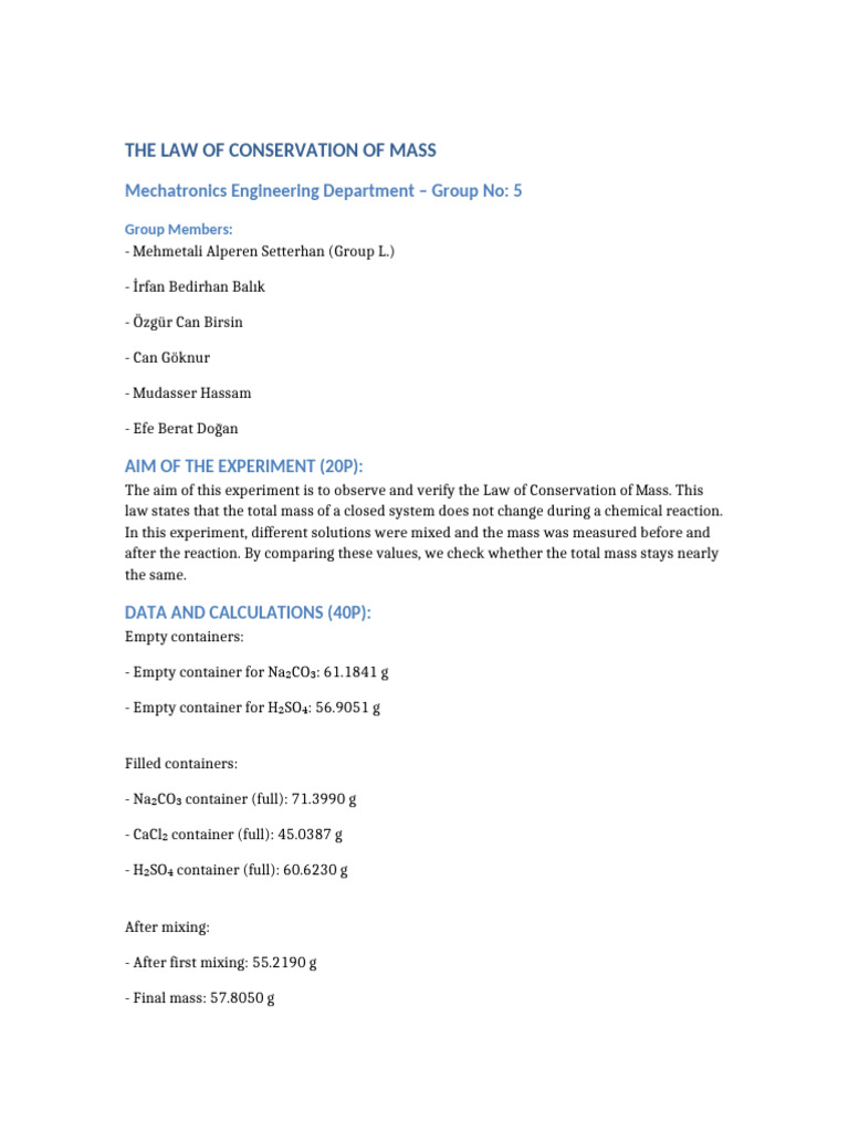 Law of Conservation of Mass Experiment | PDF