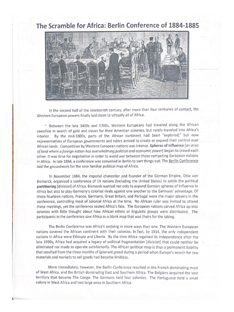 The Scramble for Africa Berlin Conference of 1884-1885 | PDF