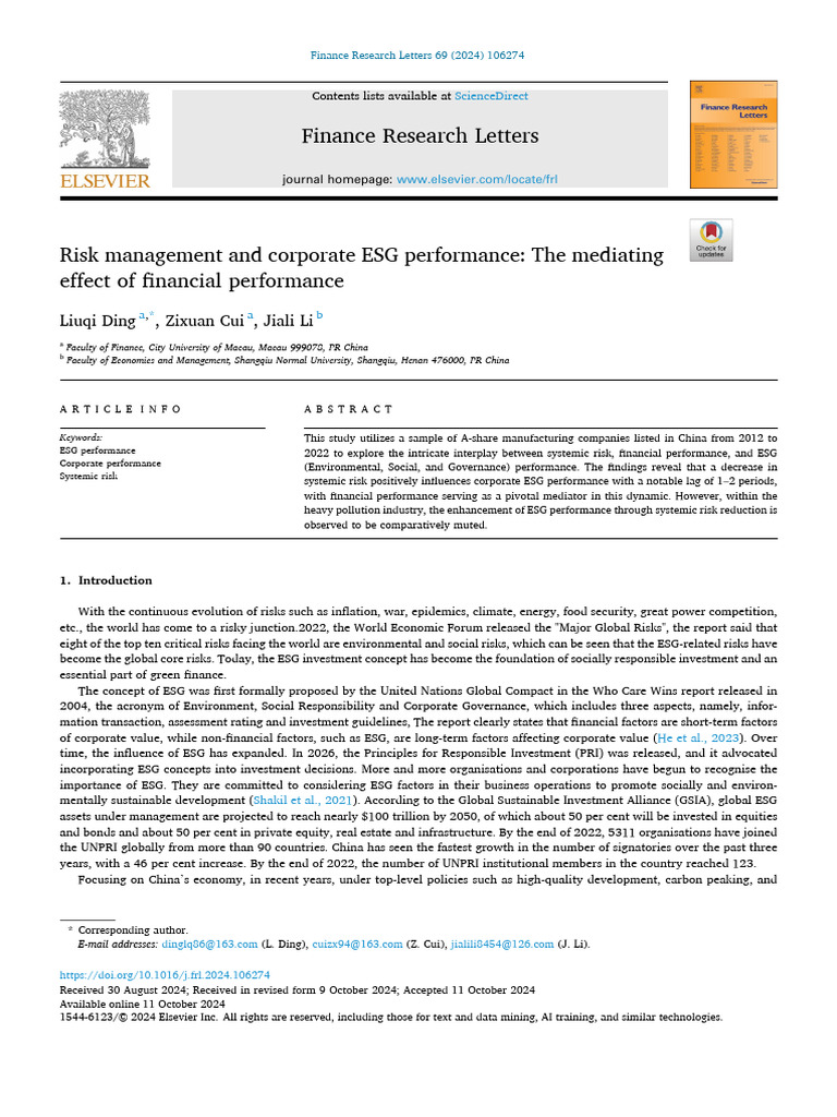 Risk Management and Corporate ESG Performance - The Mediating Effect of ...