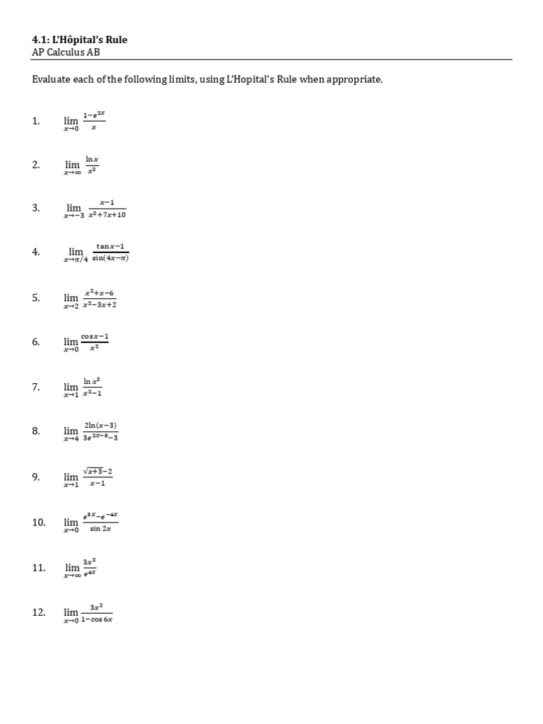 L'Hôpital's Rule Limit Evaluations | PDF