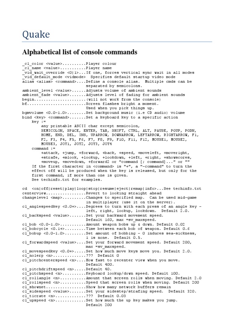 Quake: Alphabetical List of Console Commands | PDF | Texture Mapping | Command Line Interface