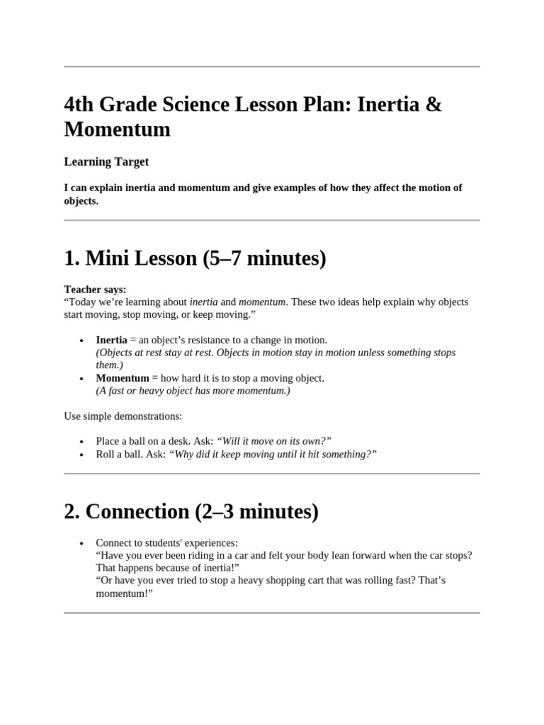 4th Grade Lesson on Inertia & Momentum | PDF | Inertia | Momentum