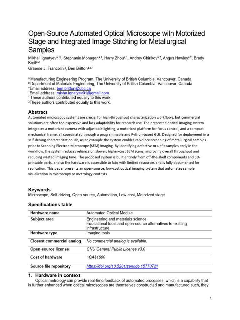 Open-Source Automated Optical Microscope | PDF | Microscope
