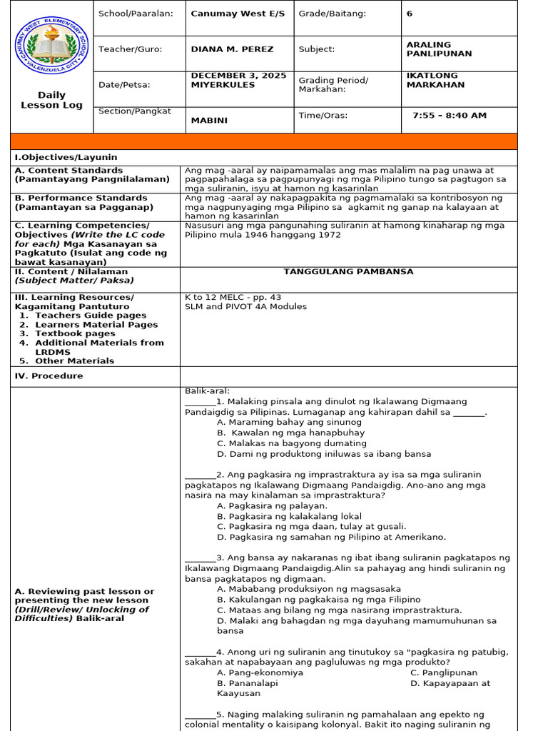 AP 6 QUARTER 3 week 5 DECEMBER 3 SOBERENYA DAY 2 | PDF